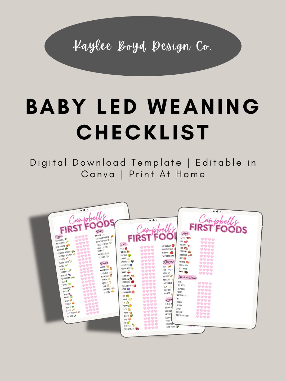 Baby's First 100 Foods: Digital Download Template PINK, BLW First Foods ...