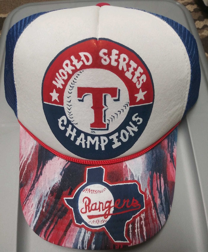 Texas Rangers World Series Champions Graffiti Trucker Hat Red White and ...