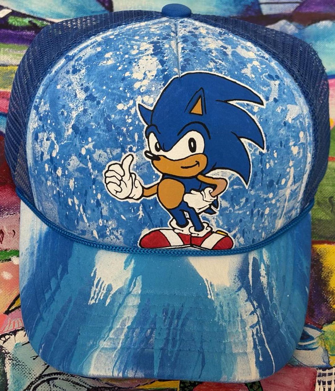 Sonic the Hedgehog Hand Painted Blue Tucker Cap Snapback Hat One of A ...