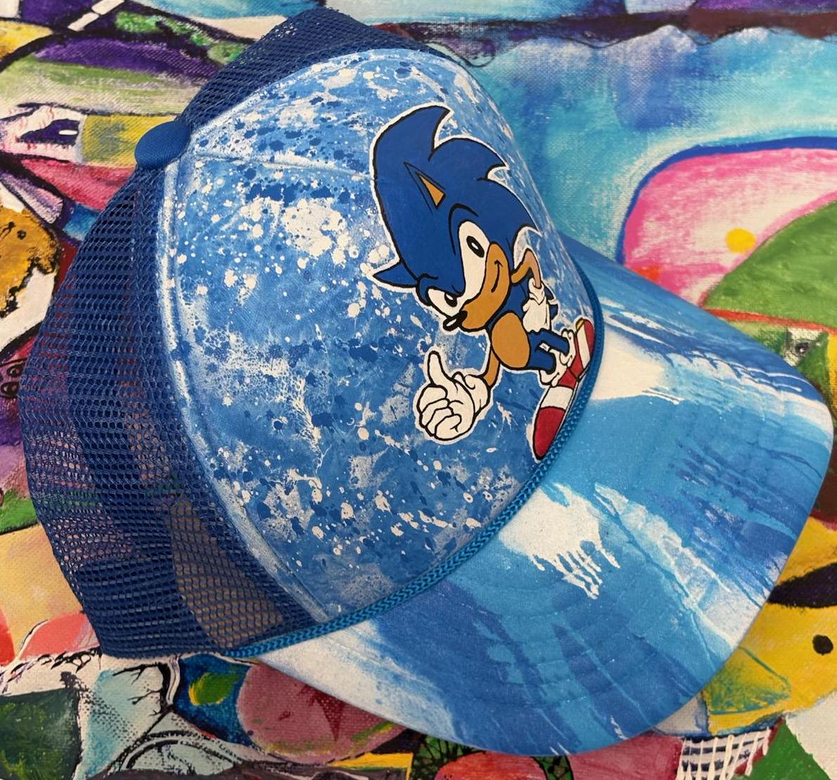 Sonic the Hedgehog Hand Painted Blue Tucker Cap Snapback Hat One of A ...