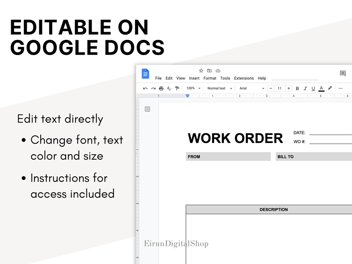 Work Order Template || Editable PDF/ Word/ Googledocs/ Googlesheets Template, Customizable ...