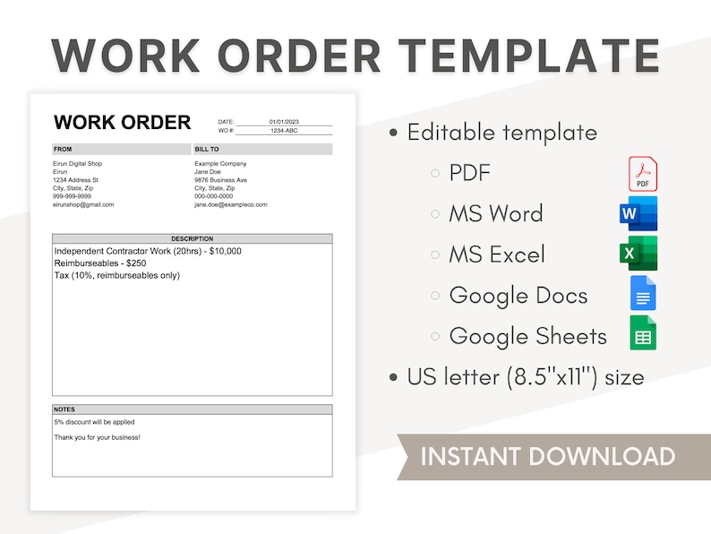 Work Order Template || Editable PDF/ Word/ Googledocs/ Googlesheets ...
