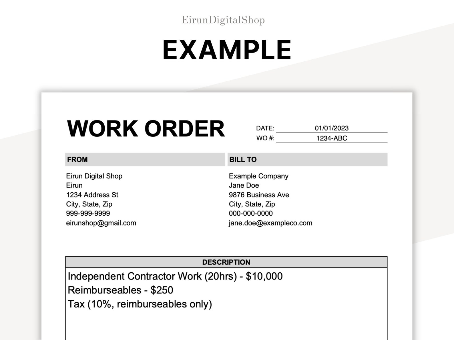 Work Order Template || Editable PDF/ Word/ Googledocs/ Googlesheets ...