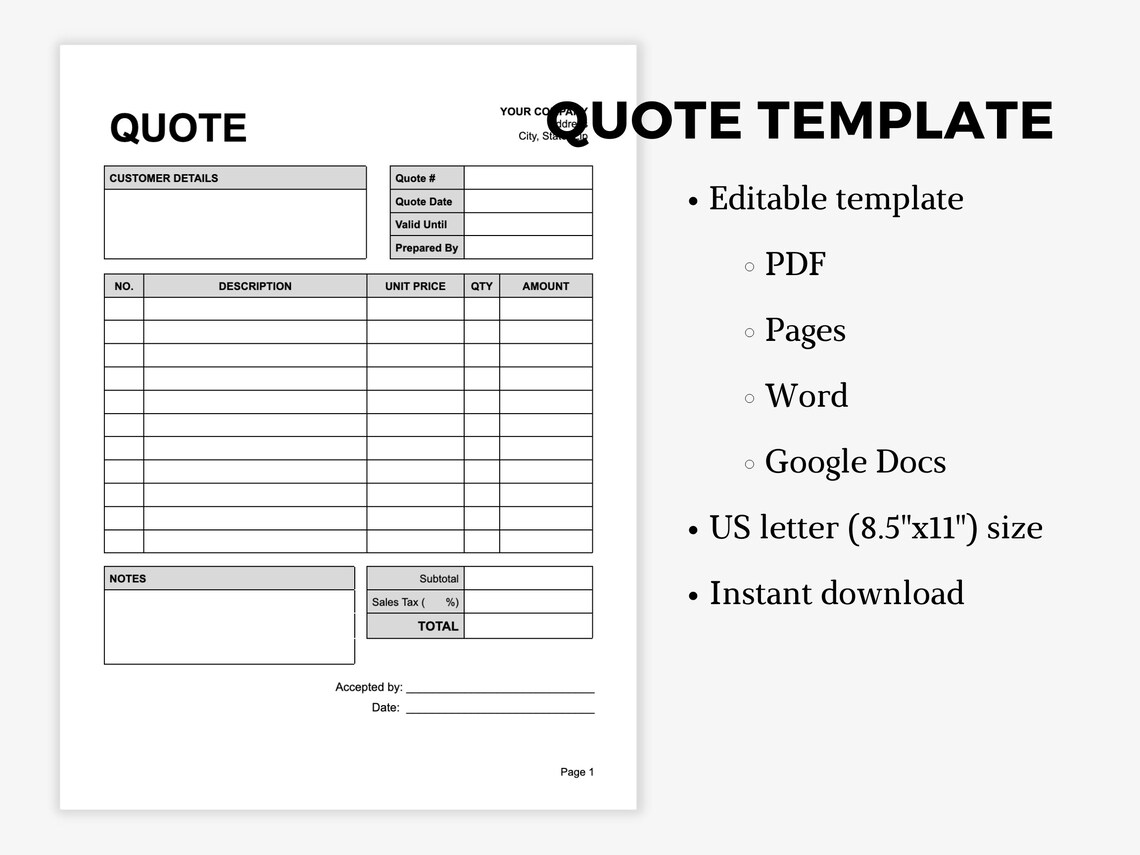 Job Quote/proposal Template || Editable Pdf/word/googledocs/pages ...