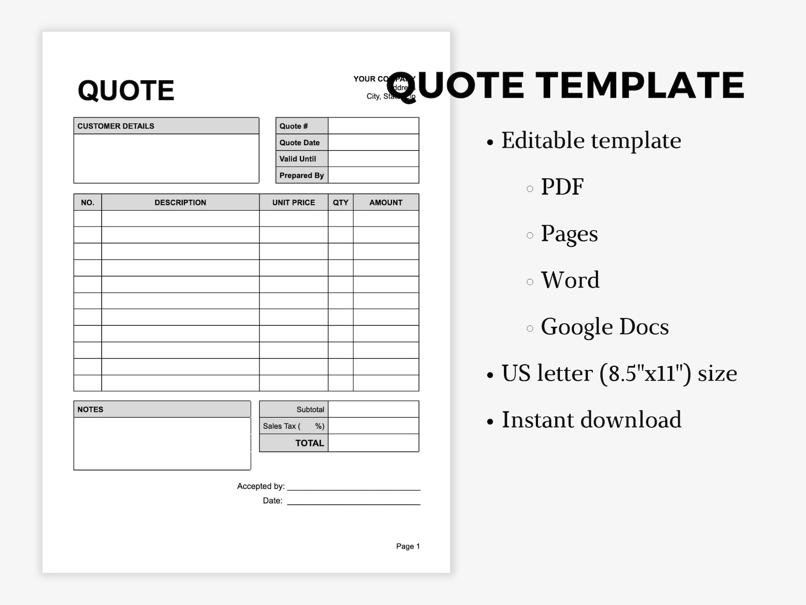 Job Quote/proposal Template || Editable Pdf/word/googledocs/pages ...