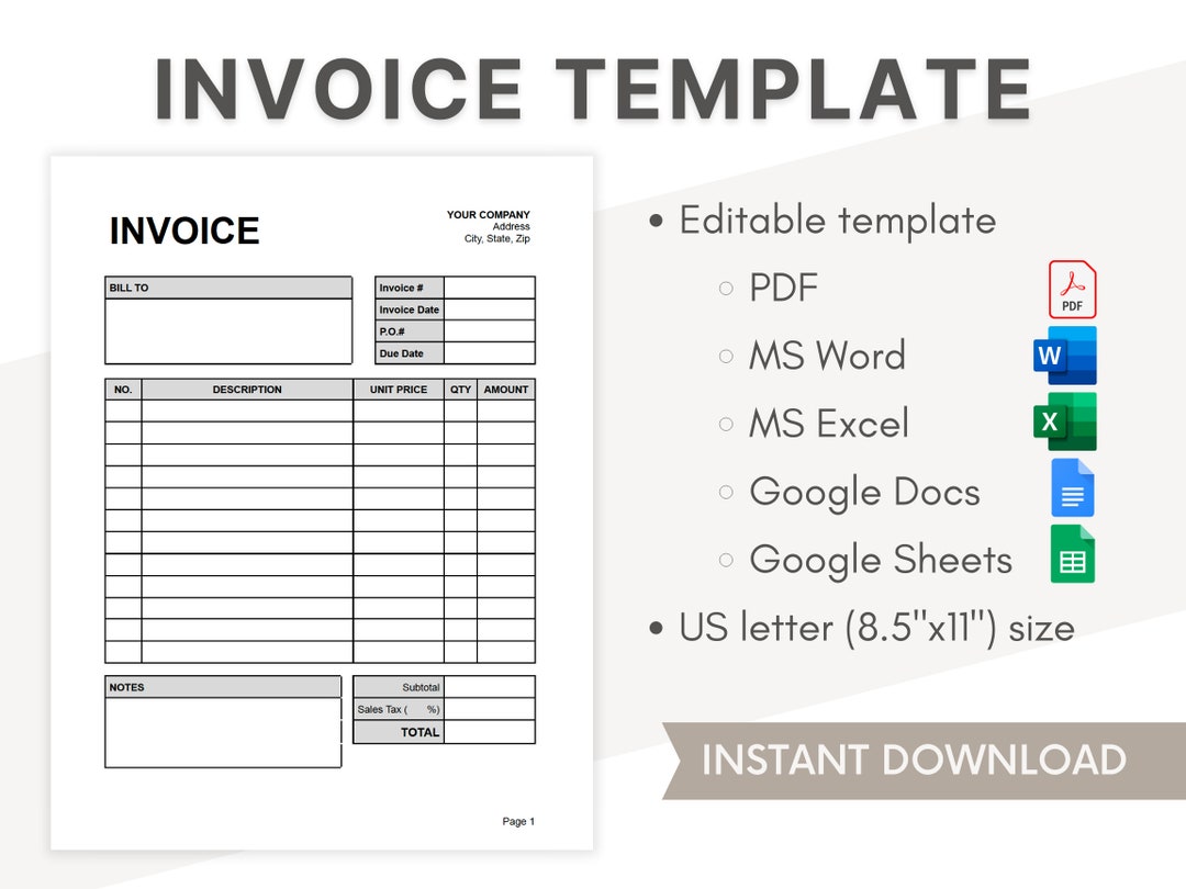 Invoice Template || Editable PDF/ Word/ Google Docs/ Google Sheets Template, Customizable ...