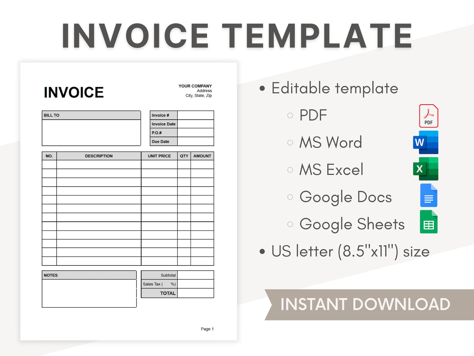 Invoice Template || Editable PDF/ Word/ Google Docs/ Google Sheets ...