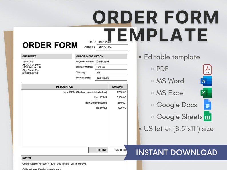 Order Form Template || Editable PDF/ Word/ Googledocs/ Googlesheets ...