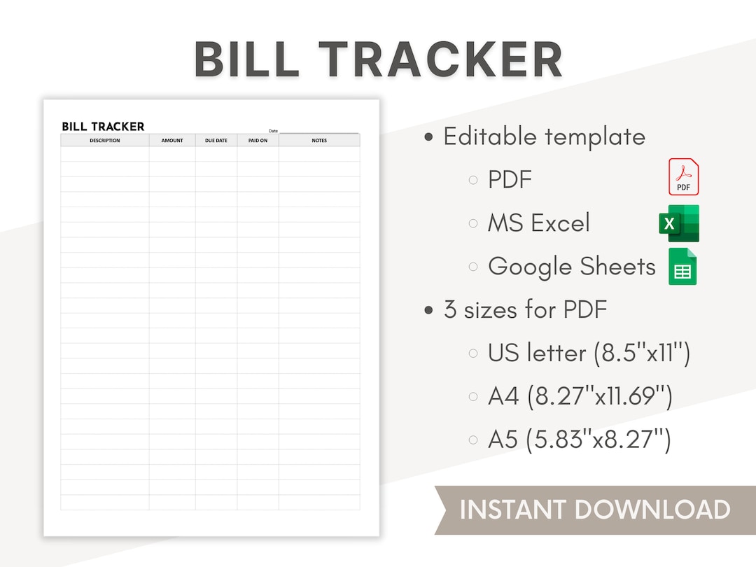 Bill Tracker || Editable Pdf/google Sheets/excel Template, Customizable ...