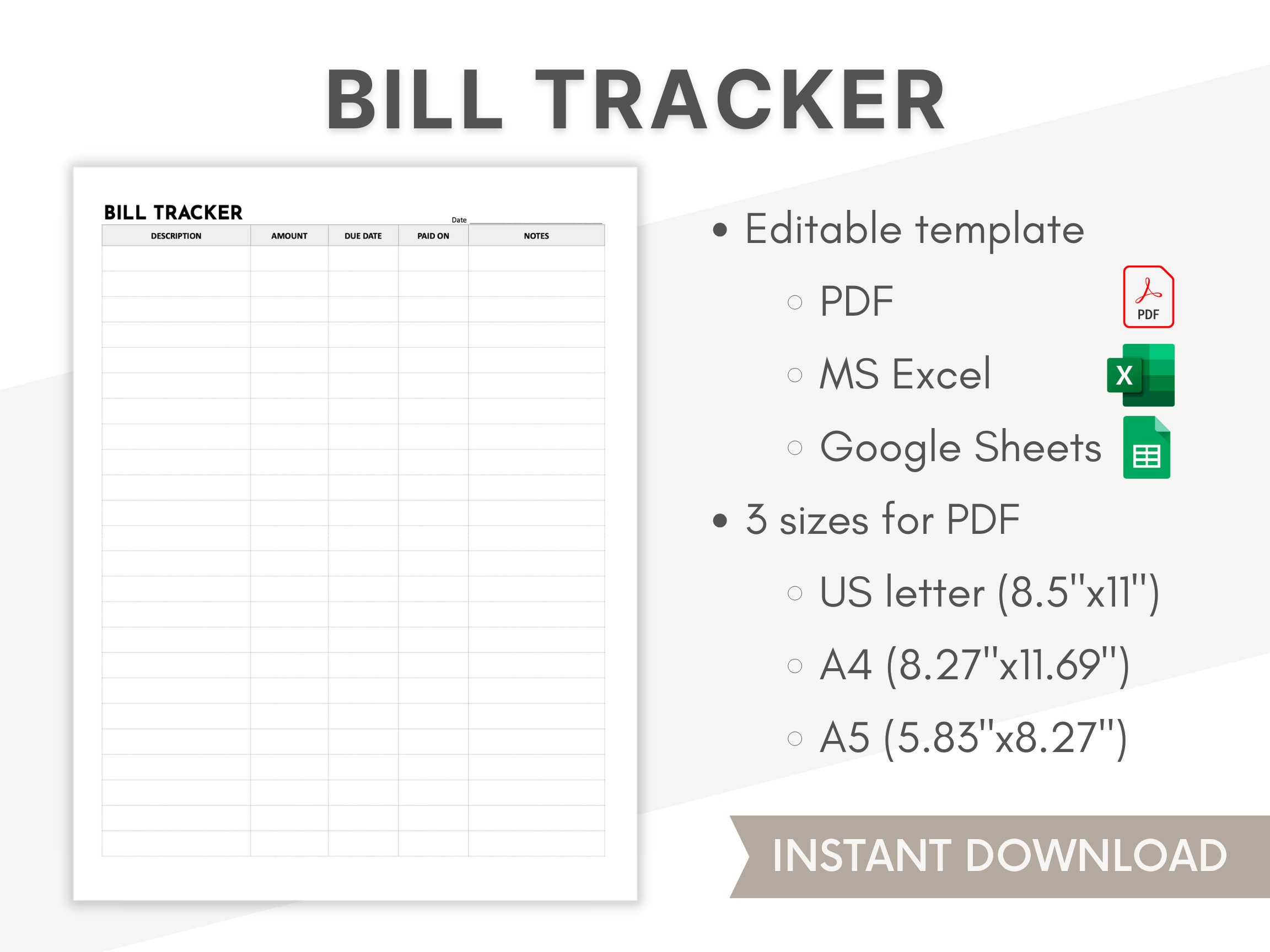 Bill Tracker || Editable Pdf/google Sheets/excel Template, Customizable ...