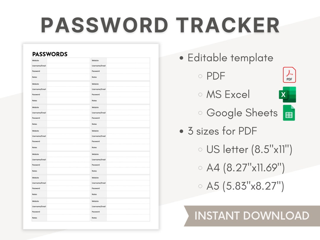 Password Tracker || Editable Pdf/google Sheets/excel Template ...