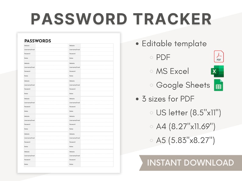 Password Tracker || Editable Pdf/google Sheets/excel Template ...