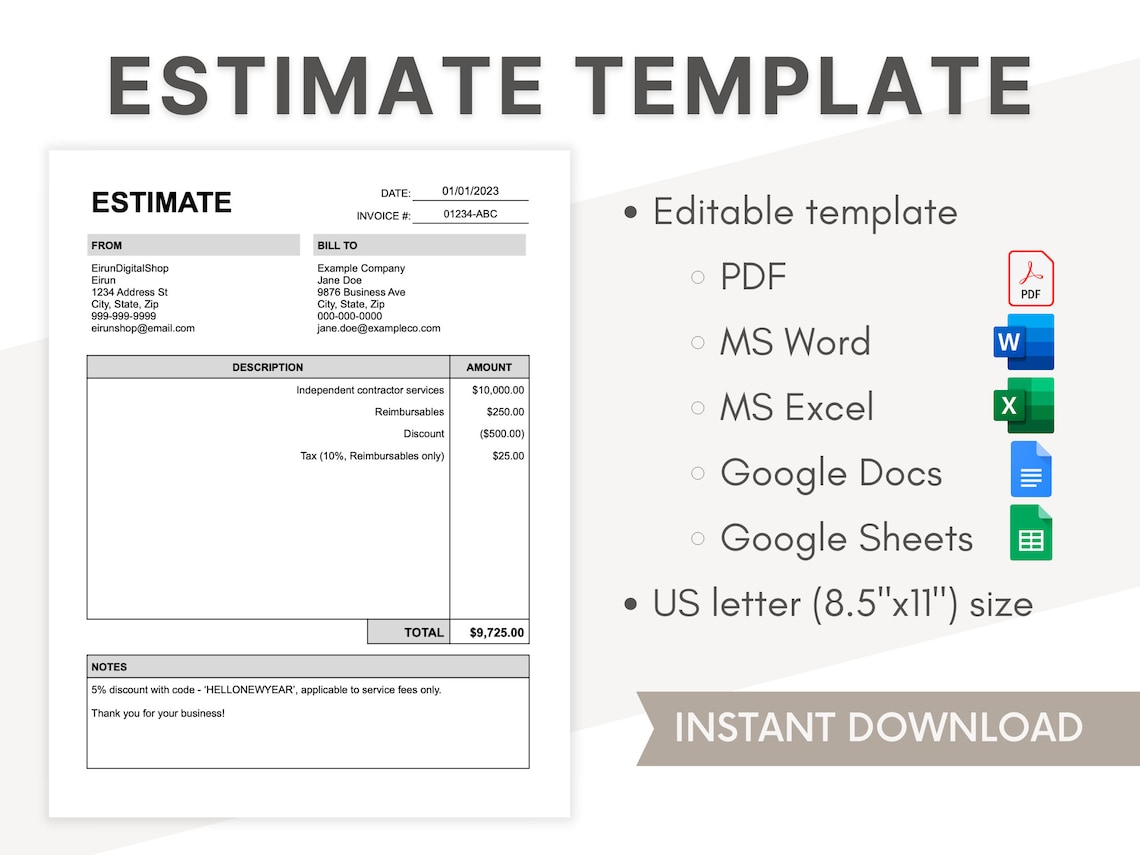 Editable Job Estimate Template | Editable PDF/ Word/ Googledocs ...