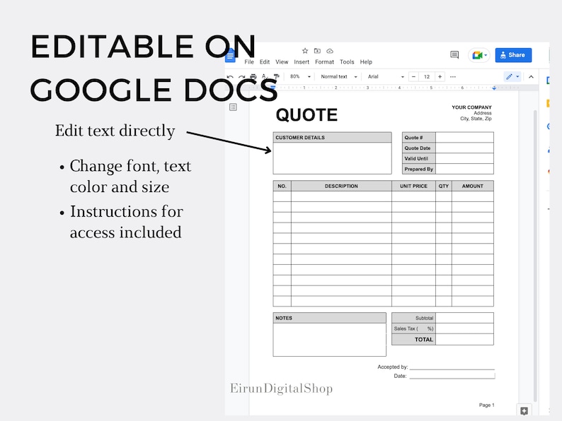 Job Quote/proposal Template || Editable Pdf/word/googledocs/pages ...