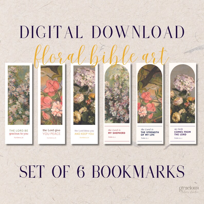 Printable Bookmarks, Psalms, Blessings, Flower Painting, Set of 6, Book ...