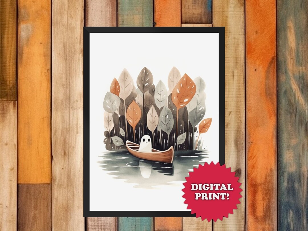 Ghostly Voyage, Cute Ghost on a Canoe Adventure Painting | Instant ...