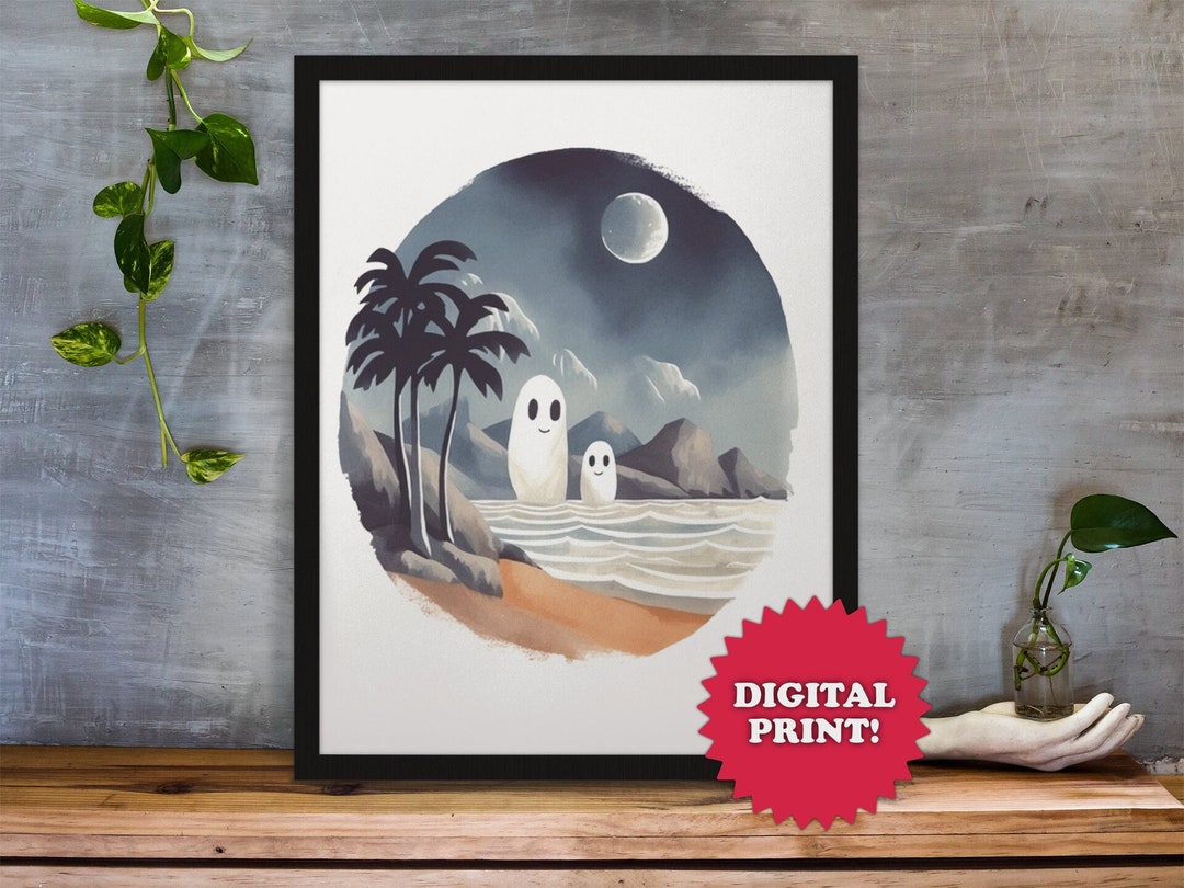 Beachside Boos, 2 Cute Ghosts Making a Splash at the Beach at Night ...