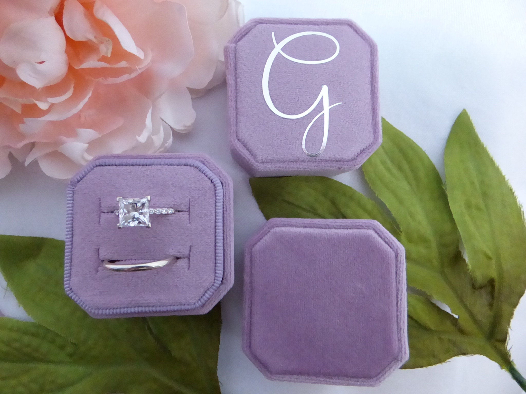 Lilac Velvet Luxury Ring Box, Couples Ring Box, Custom Double Ring Box ...