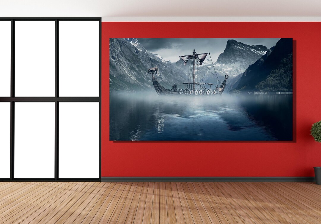 Vikings Ship Canvas Art,viking Ship in Misty Fjord With Snow Capped ...