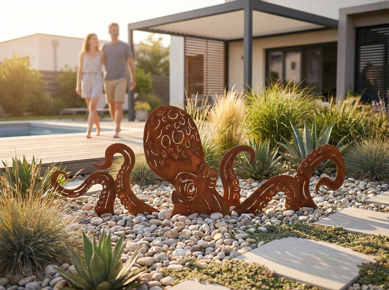 Rusty Octopus Garden Stake Set, Metal Yard Art, Coastal Outdoor Decor ...