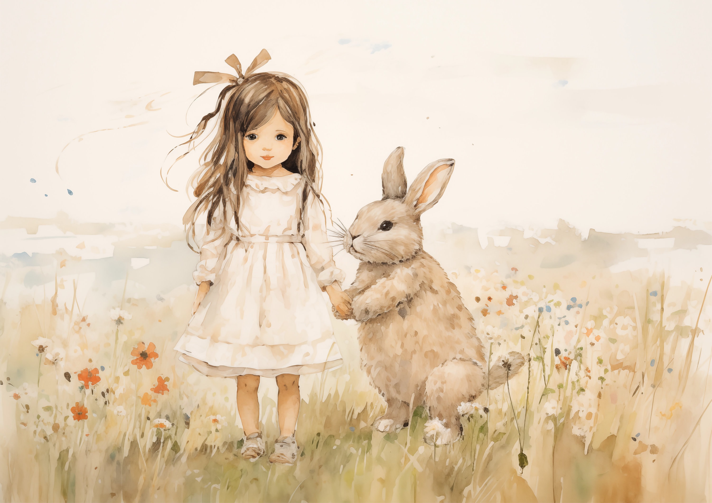 Girl and Bunny Watercolor Painting: Spring Nursery Decor (digital ...