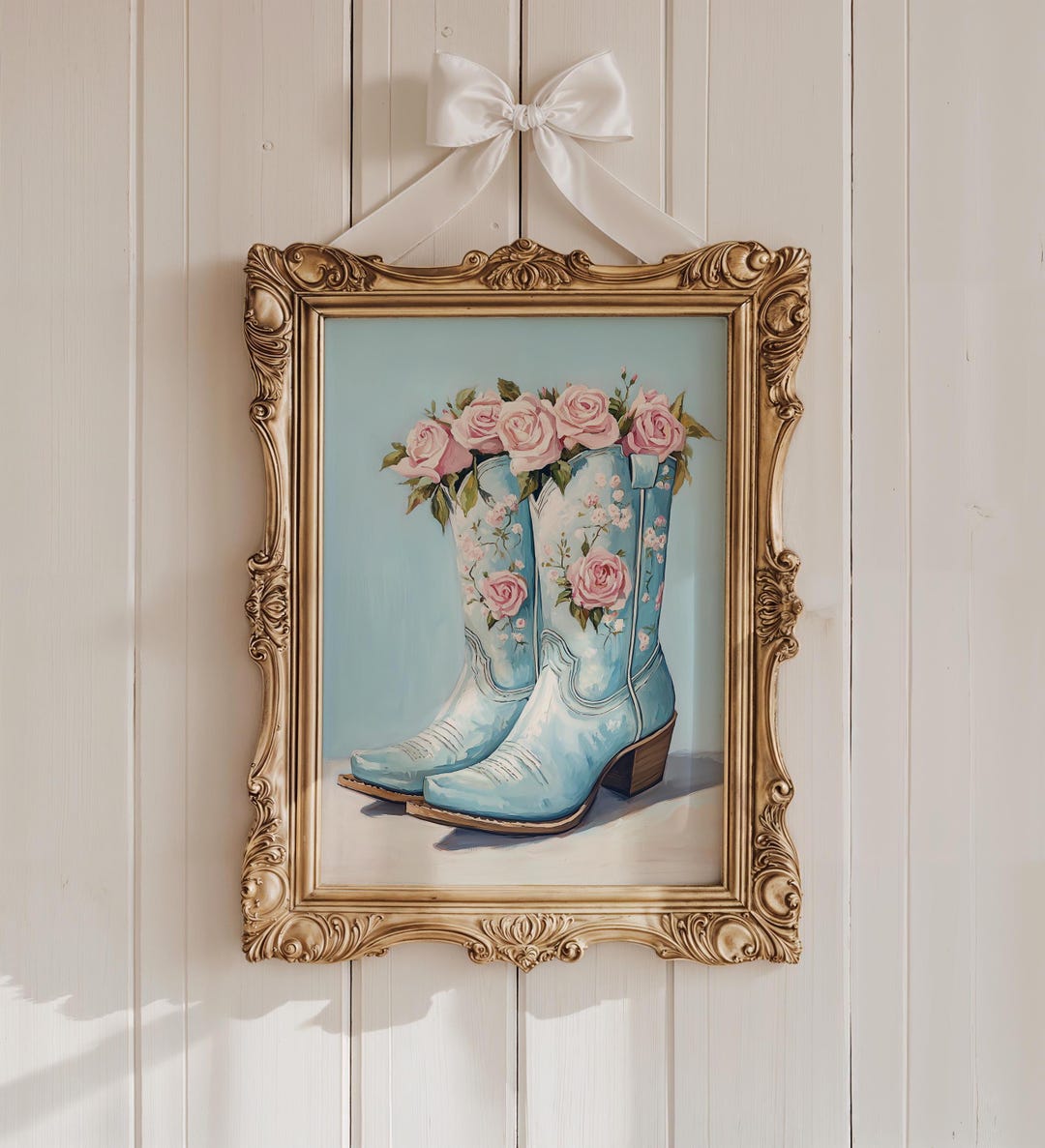 Light Blue Cowboy Boot Print, Coastal Cowgirl Wall Art, Girly Western ...