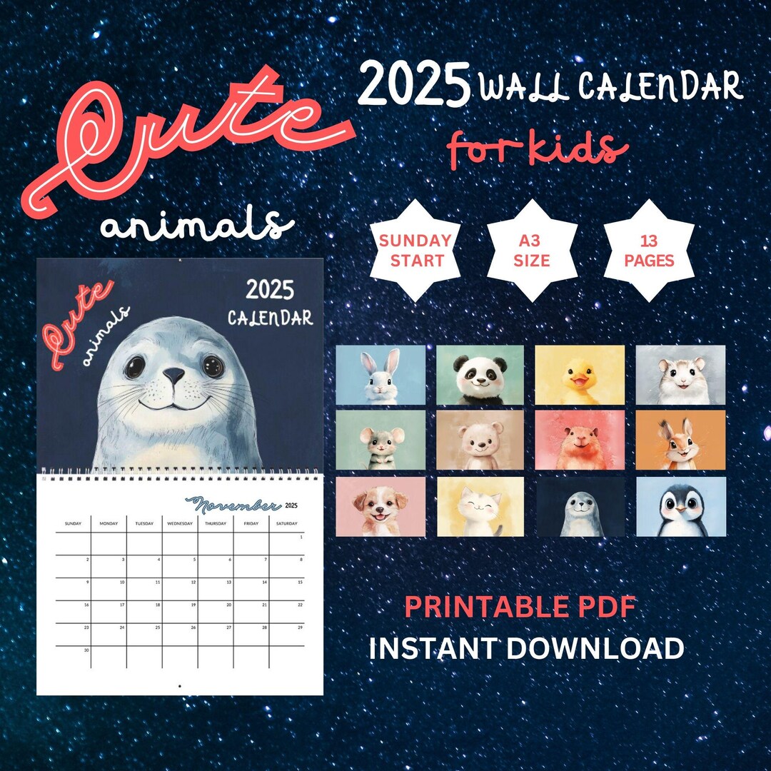 Cute Animals Calendar, 2025 Calendar Printable, Monthly Calendar ...