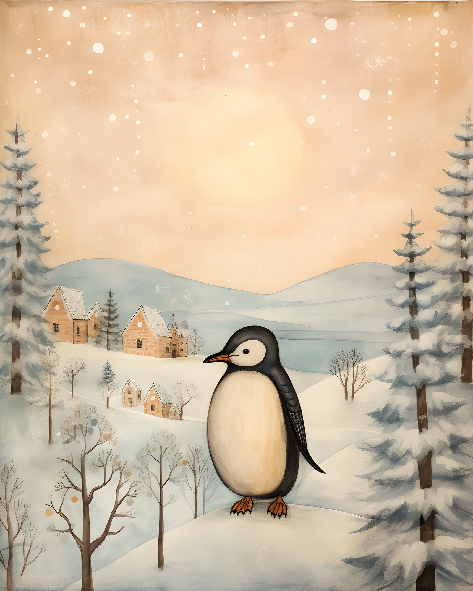 Penguin Cute Poster, Penguin Printable Wall Art, Winter Holiday Penguin ...