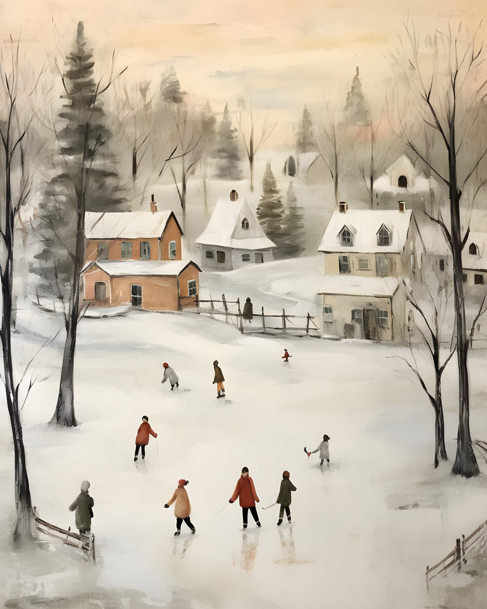 Christmas Village Print, Winter PRINTABLE Wall Art, Ice Skating ...