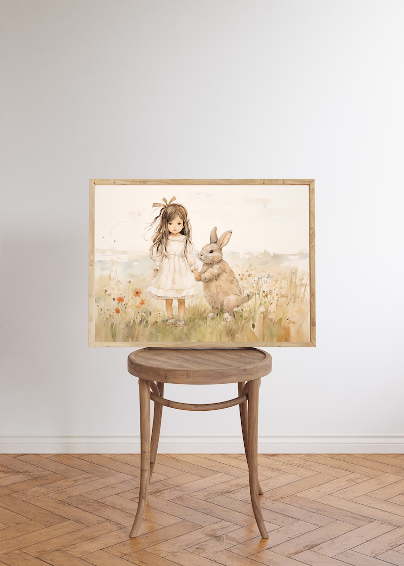 Girl and Bunny Watercolor Painting: Spring Nursery Decor (digital ...