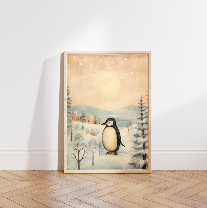 Penguin Cute Poster, Penguin Printable Wall Art, Winter Holiday Penguin ...
