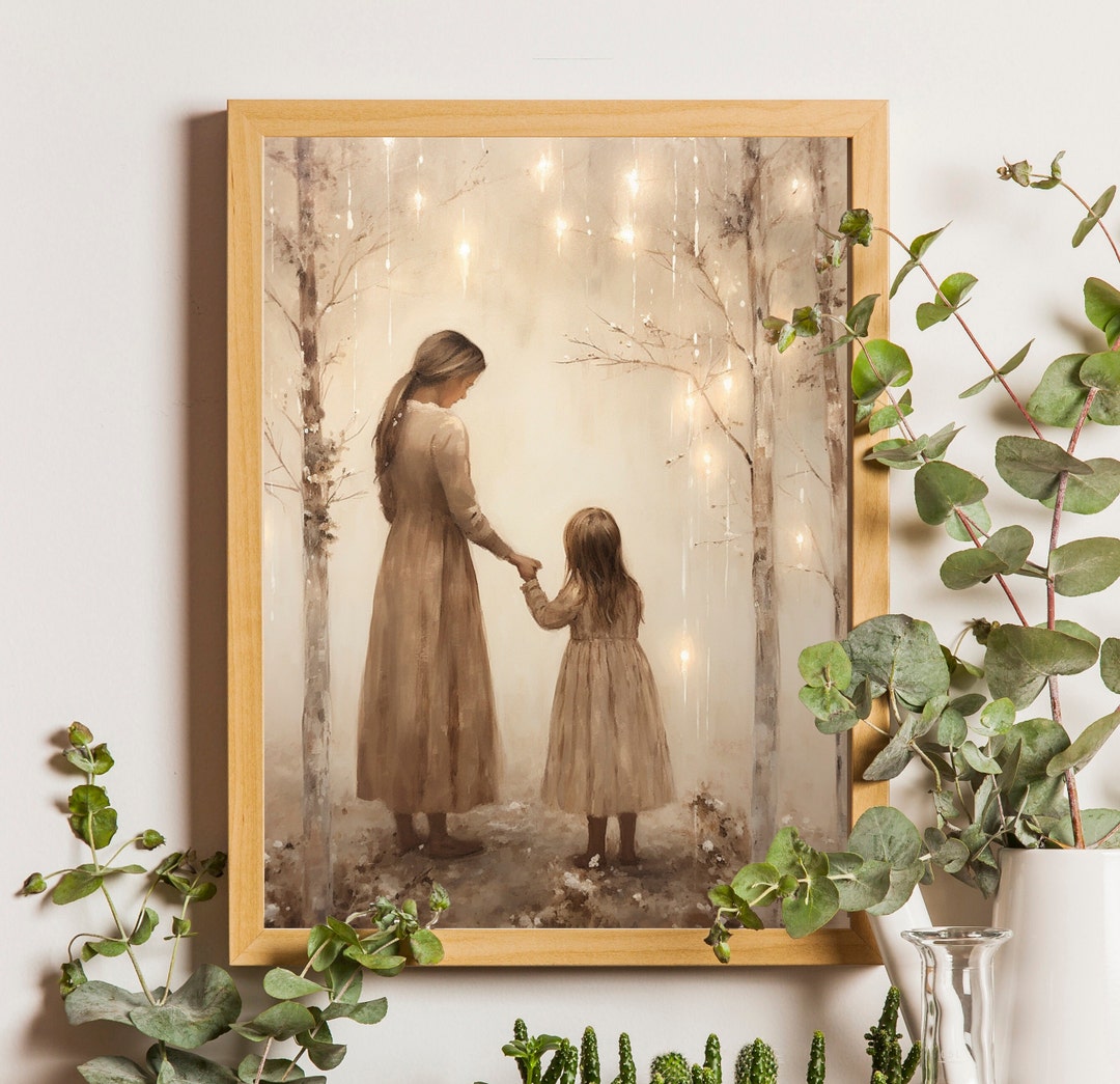 Vintage Style Mother Daughter Painting, Mother and Daughter Art, Girl ...