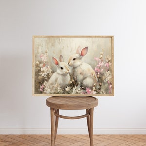 Spring Bunny Rabbits Oil Painting PRINTABLE, Spring Decor, Vintage ...