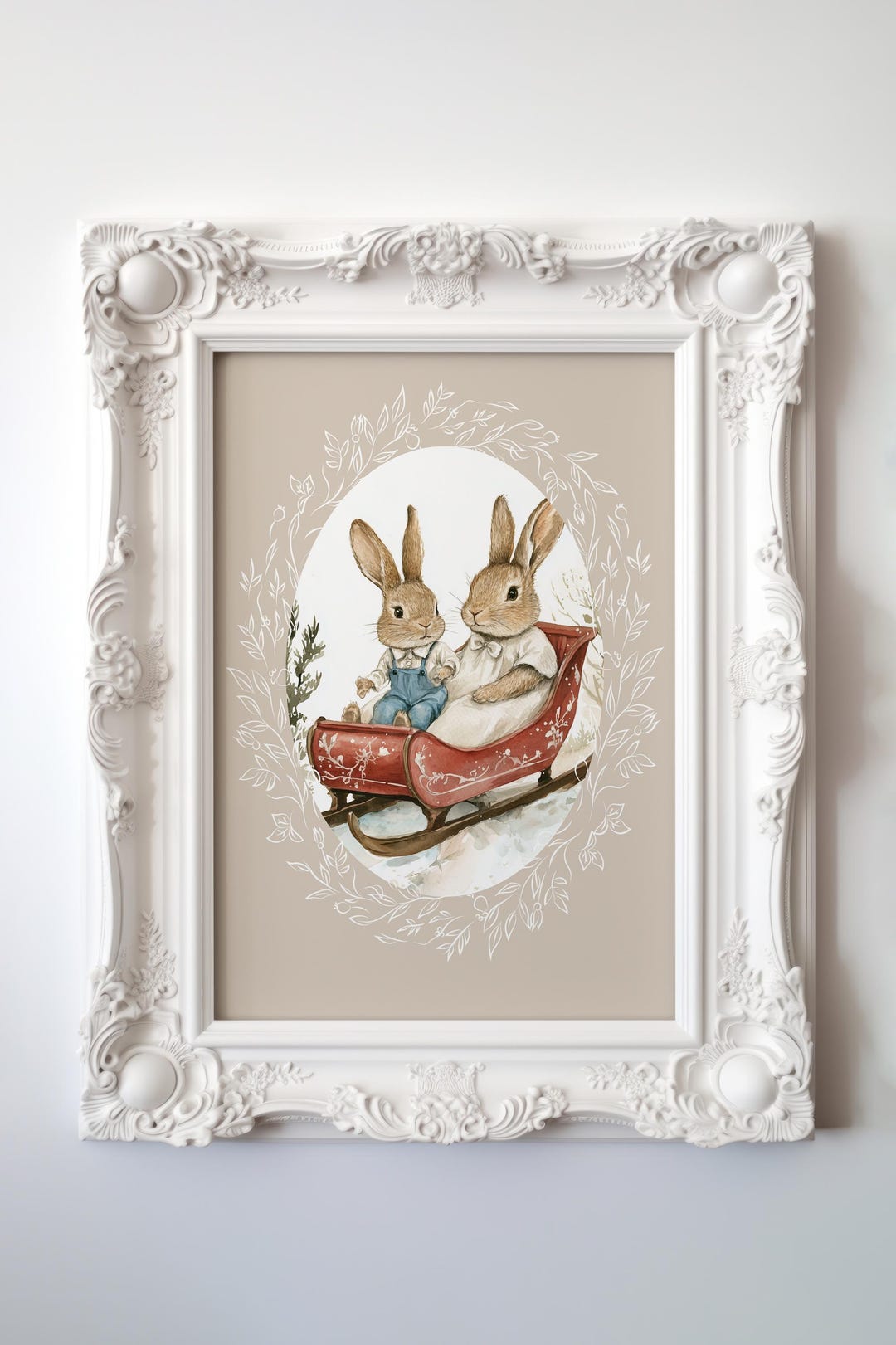 Bunny Rabbit on the Sledge PRINTABLE, Vintage Boy Nursery, Mom and Baby ...
