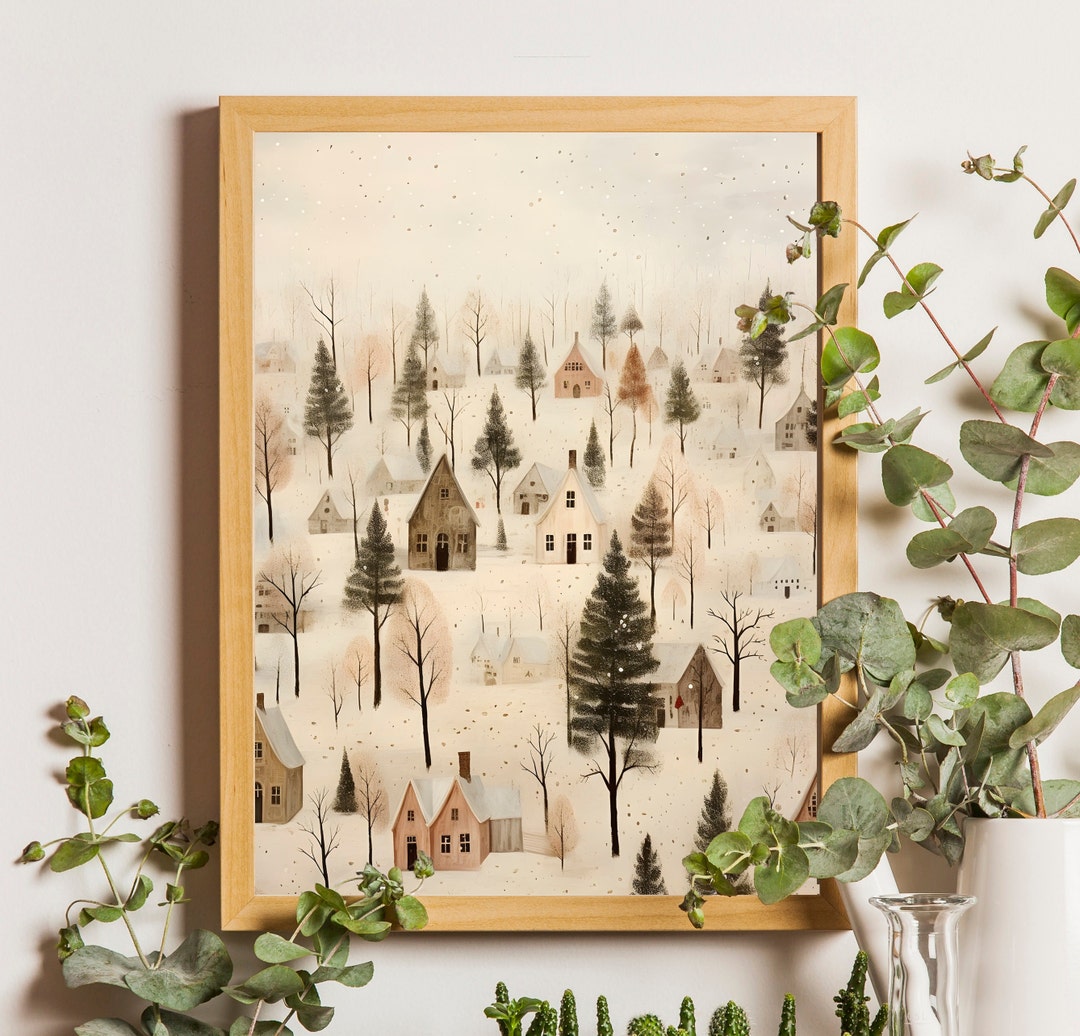 Village Christmas Poster, Snowy Winter House Christmas Tree Print ...