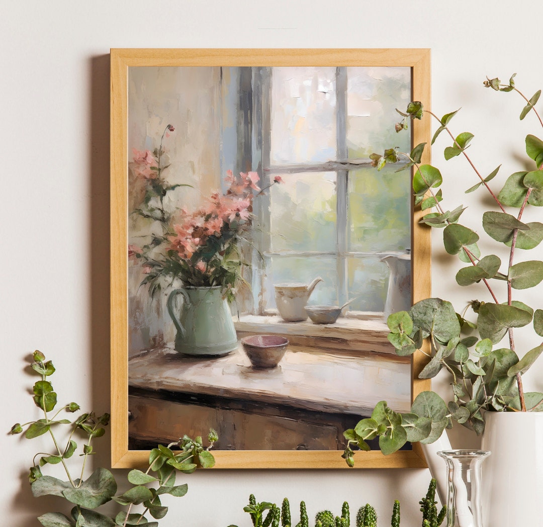 Flowers by the Window, Neutral Still Life Painting, Pink Flowers Vase ...