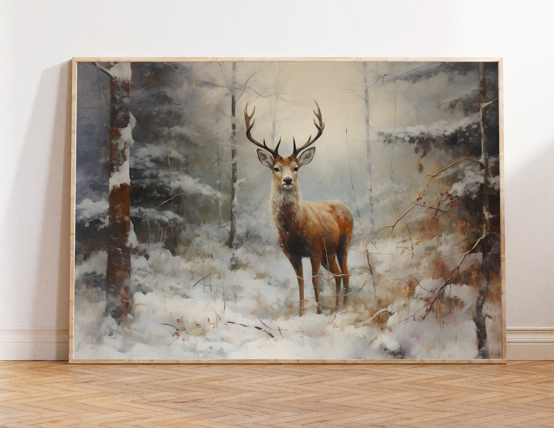 Winter Deer Painting: Snowy Forest Landscape, Holiday Wall Art (digital ...