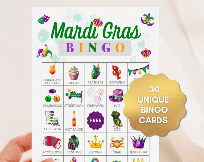 Mardi Gras Bingo Game, Mardi Gras Printable Game for Kids and Family ...