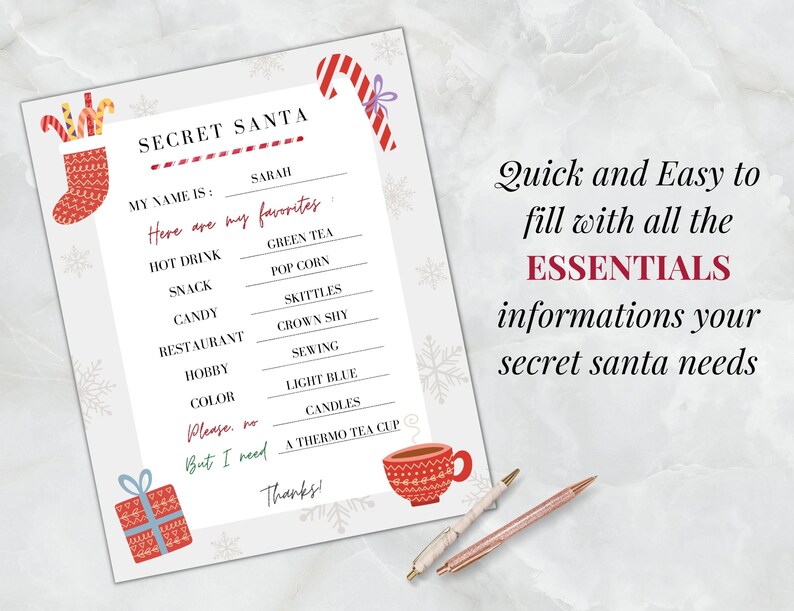 Secret Santa Questionnaire Printable for Coworkers Friends - Etsy