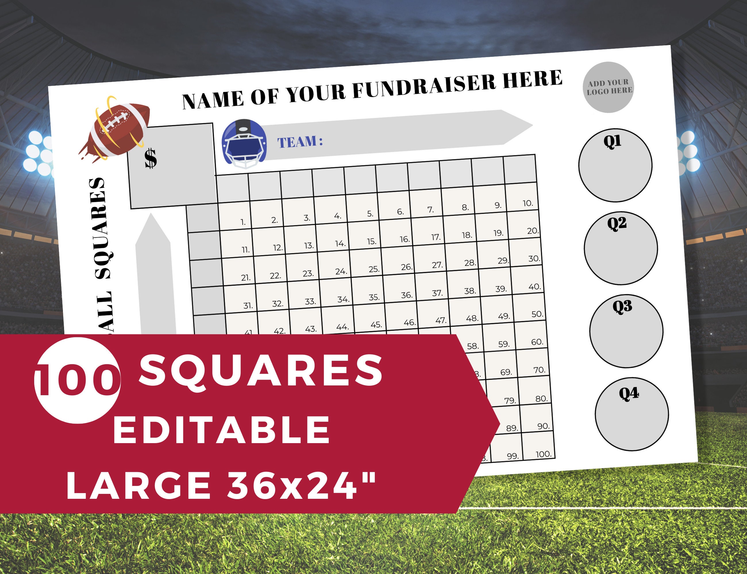 Editable Football Squares 36x24 for Fundraiser100 - Etsy