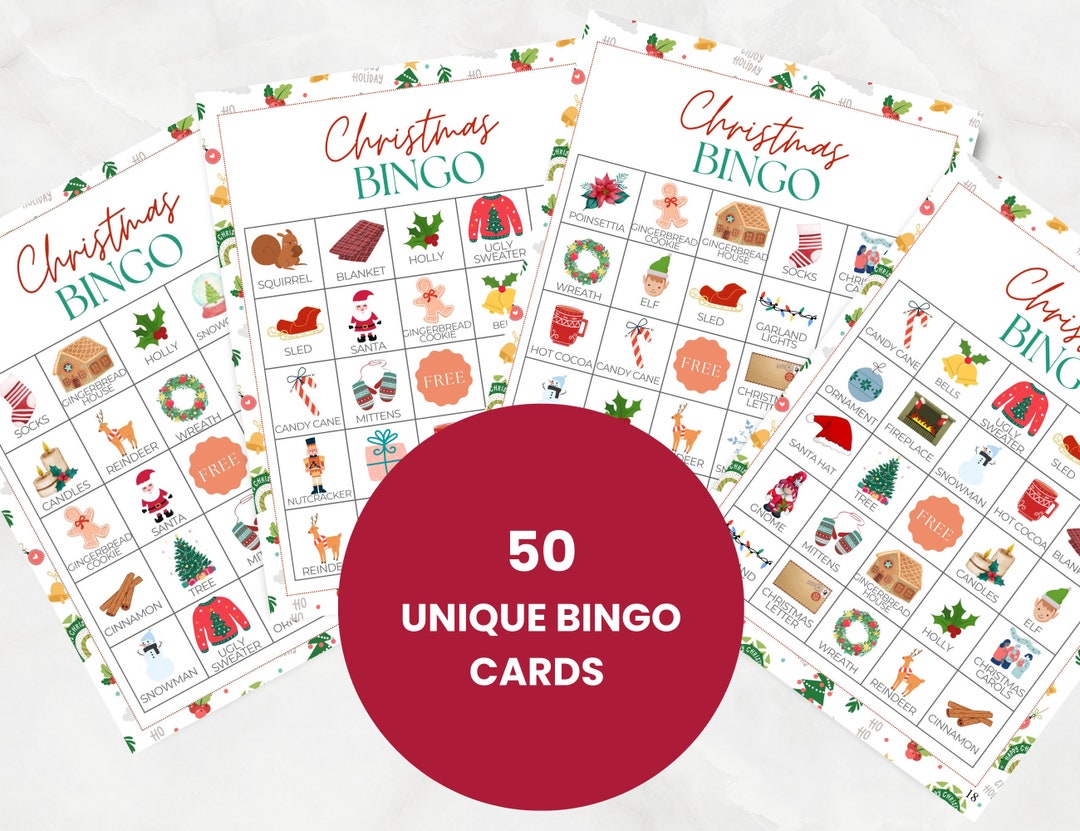 Christmas Bingo Printable Game for Kids, Family and Friends, 50 Unique ...