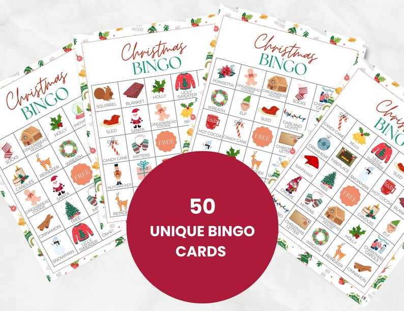 Christmas Bingo Printable Game for Kids, Family and Friends, 50 Unique ...