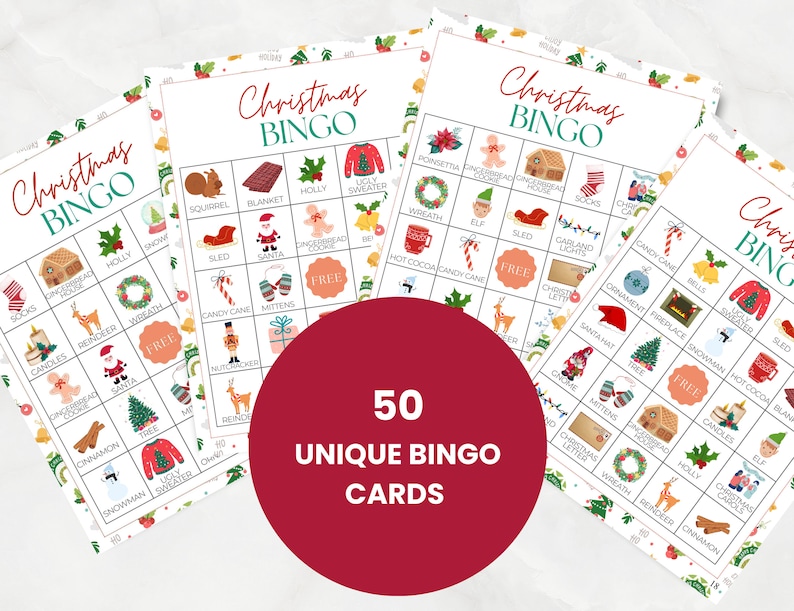 Christmas Bingo Printable Game for Kids, Family and Friends, 50 Unique ...