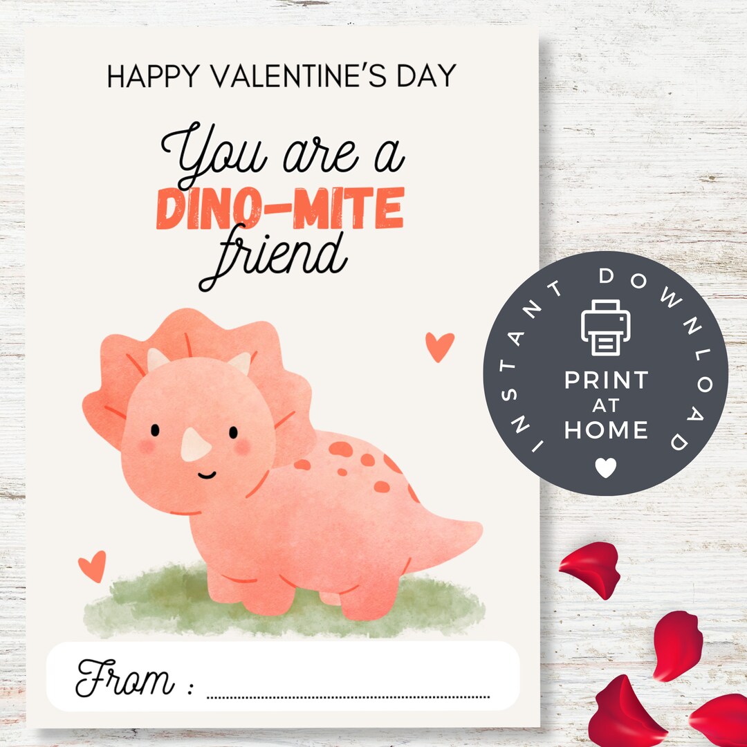 Dinosaur Valentines Day Cards for Kids, Cute Dino Printable Valentines ...