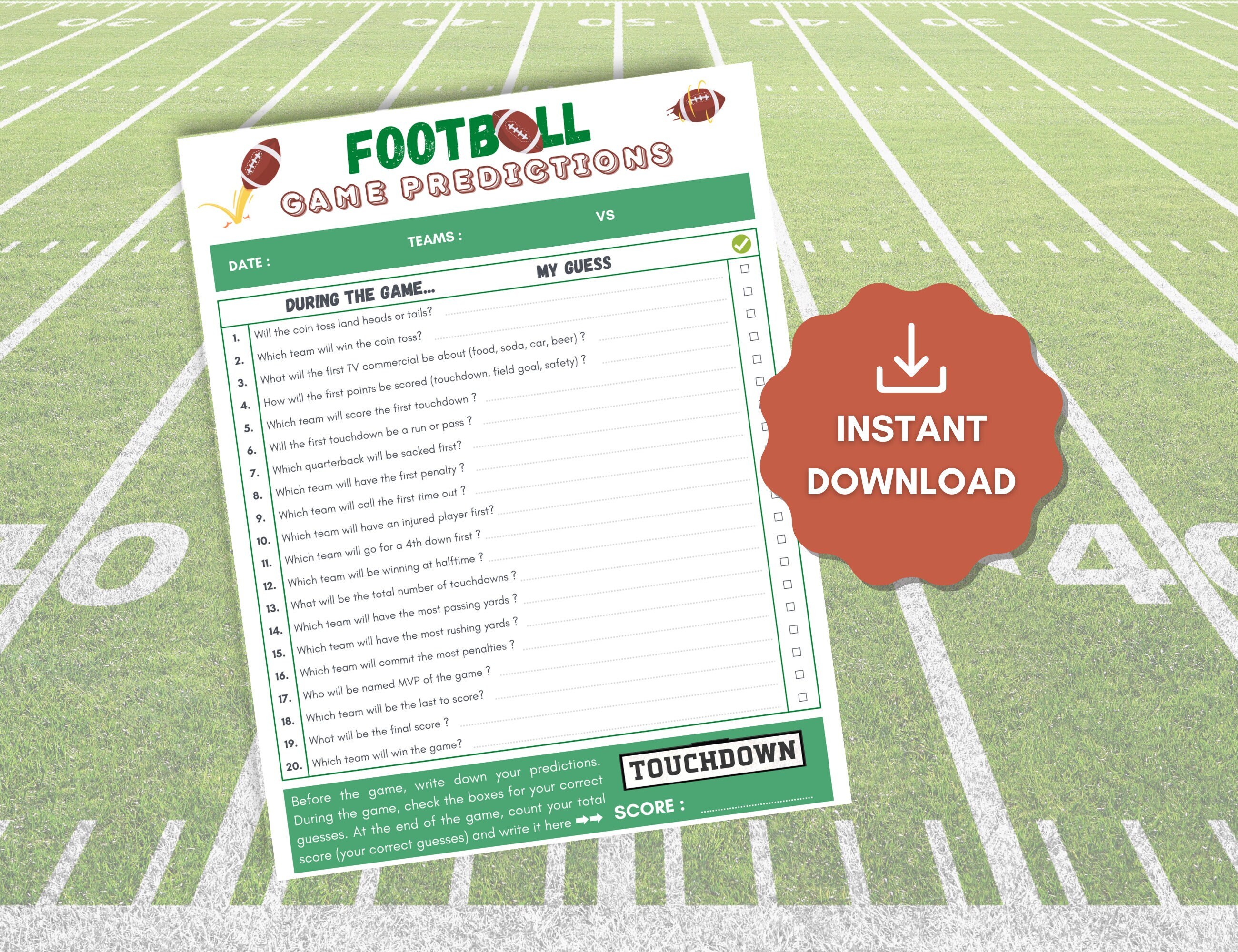 Football Game Predictions, Super Football Party Game, Printable ...