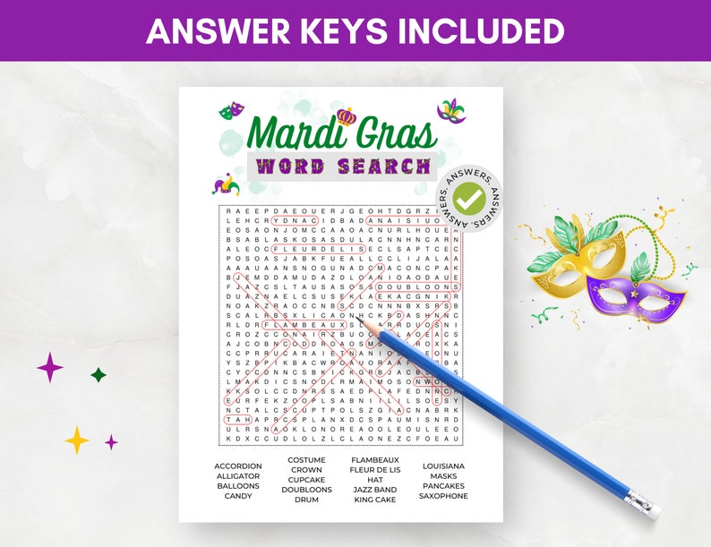 Mardi Gras Word Search Printable for Kidsprintable Mardi Gras - Etsy