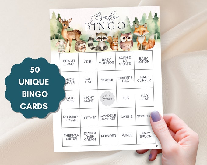 Woodland Baby Shower Bingo Prefilled Cards, Woodland Animals Theme ...