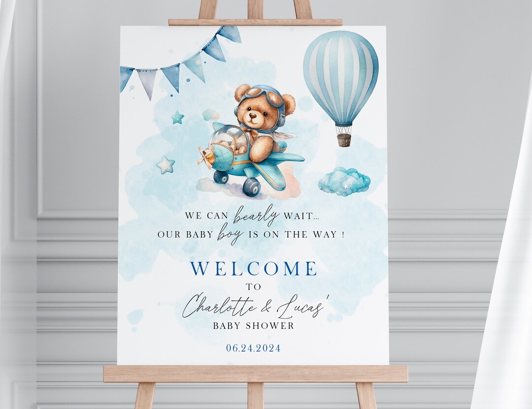 Baby Shower Welcome Sign Boy Teddy Bear Decor, We Can Bearly Wait, Baby ...