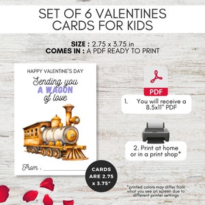 Train Valentines Day Cards for Kids, 6 Cute Train Printable Valentines ...
