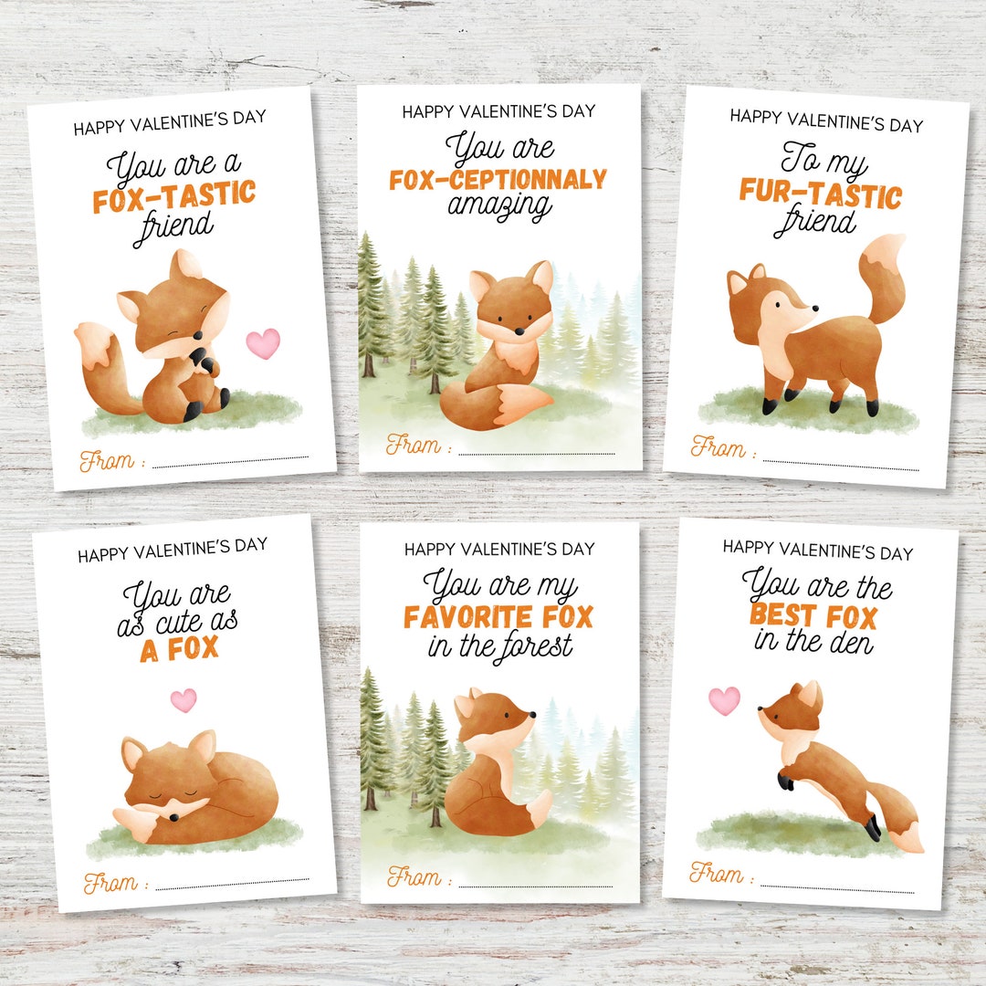 Printable Fox Valentines Card for Kids, Cute Forest Animal Valentines ...